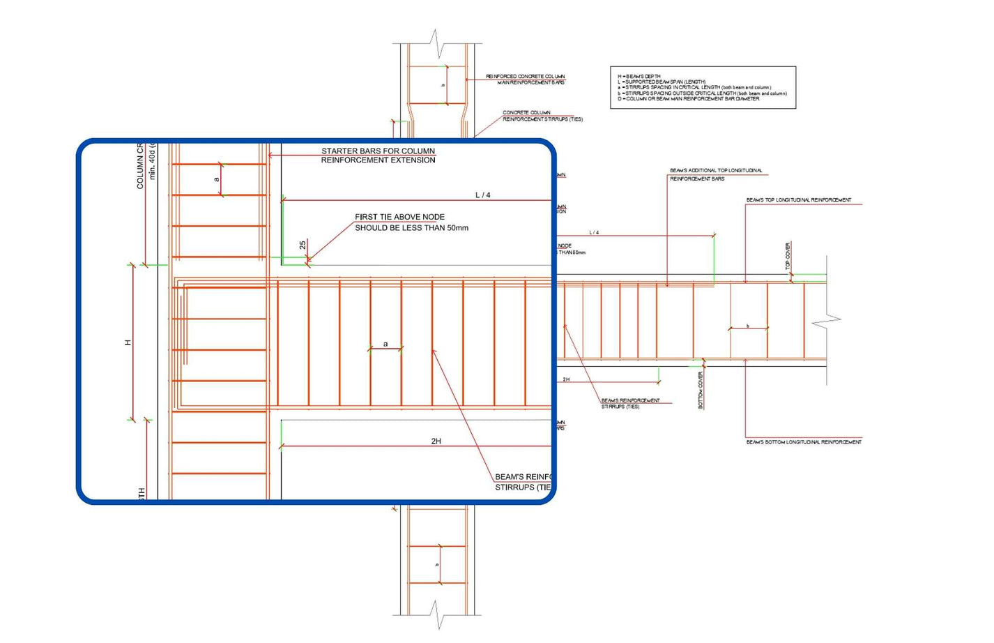 Reinforced Concrete Beam Column End Support CAD Detail - structuraldetails