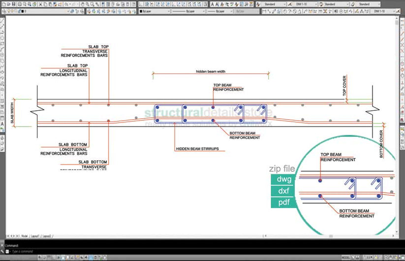 Slab Hidden Beam Reinforcement Cross Section CAD Detail - structuraldetails