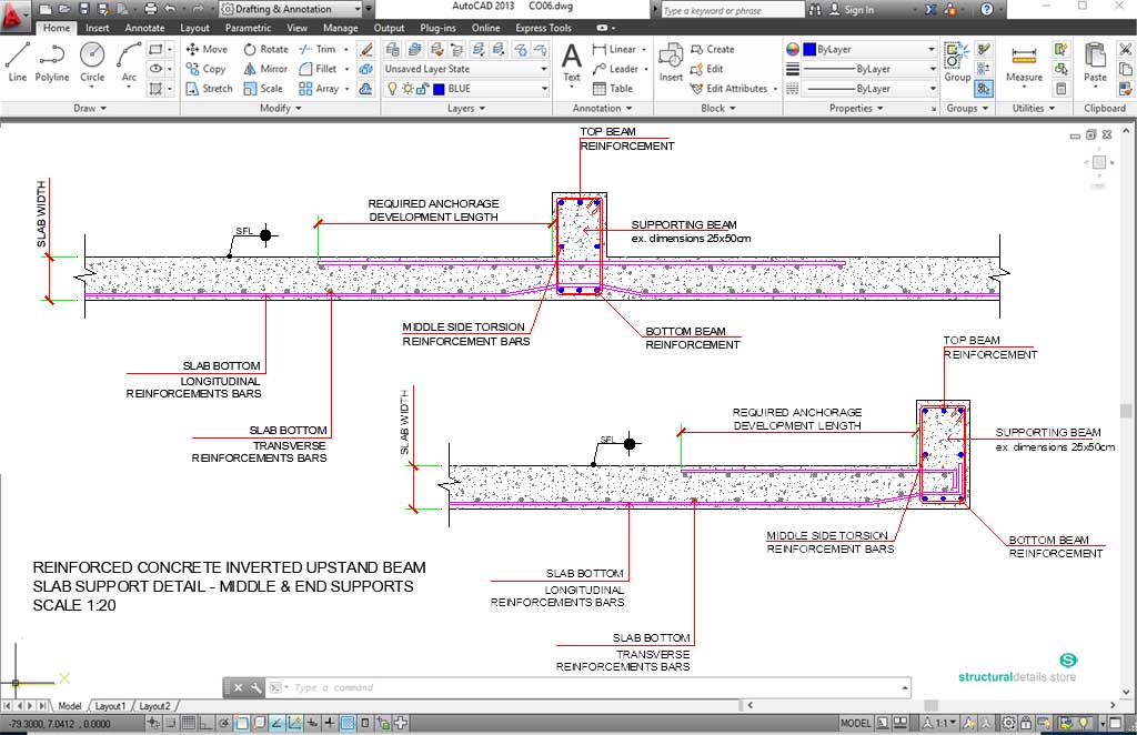 Reinforced Concrete Inverted Upstand Beam Slab Support CAD Detail ...