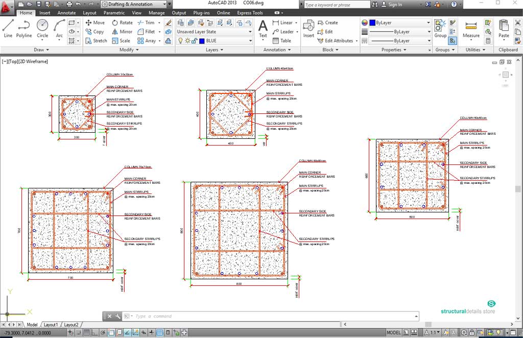 Square Reinforced Concrete Column CAD Details - structuraldetails