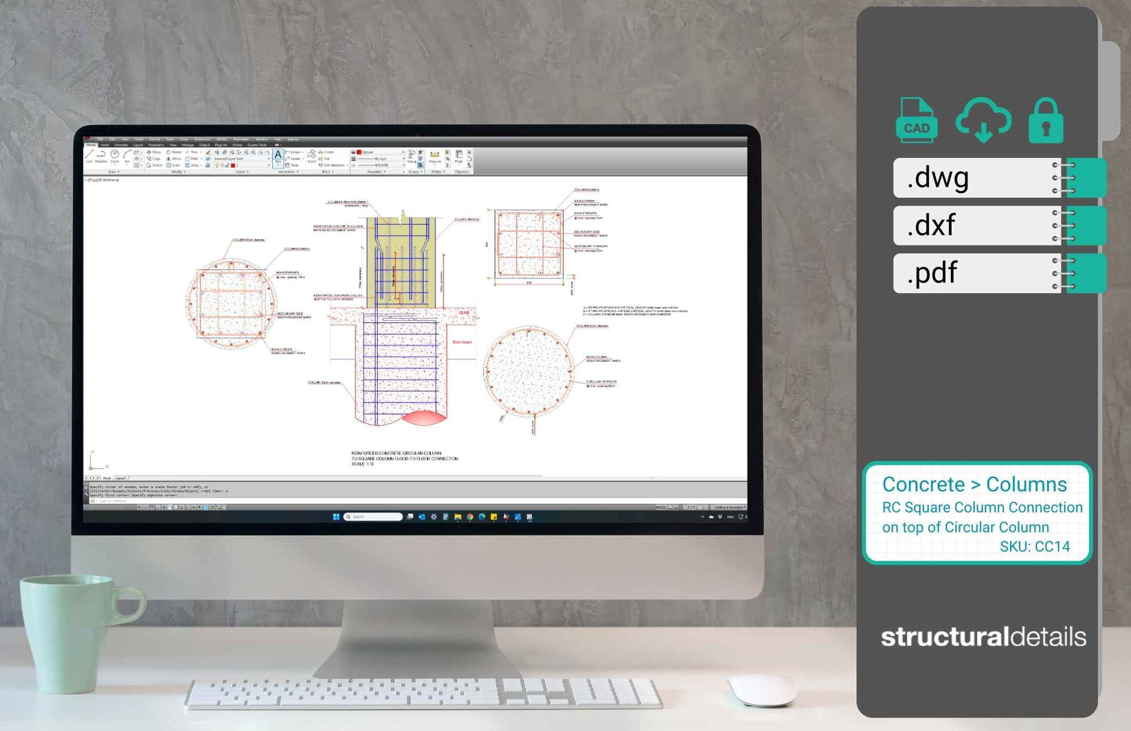 Circular to Square Section Column Connection CAD Detail - structuraldetails