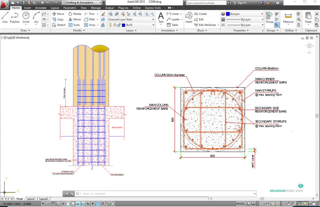 Square to Circular Section Column Connection CAD Detail - structuraldetails