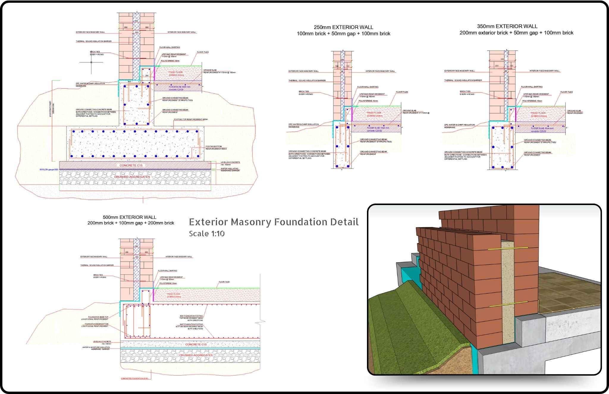 Exterior Masonry Brick Wall Foundation CAD Detail drawing ...
