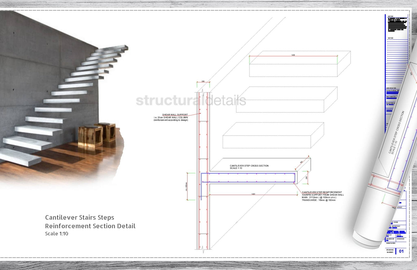 Cantilever Stairs Steps Cross Section Reinforcement CAD Detail ...