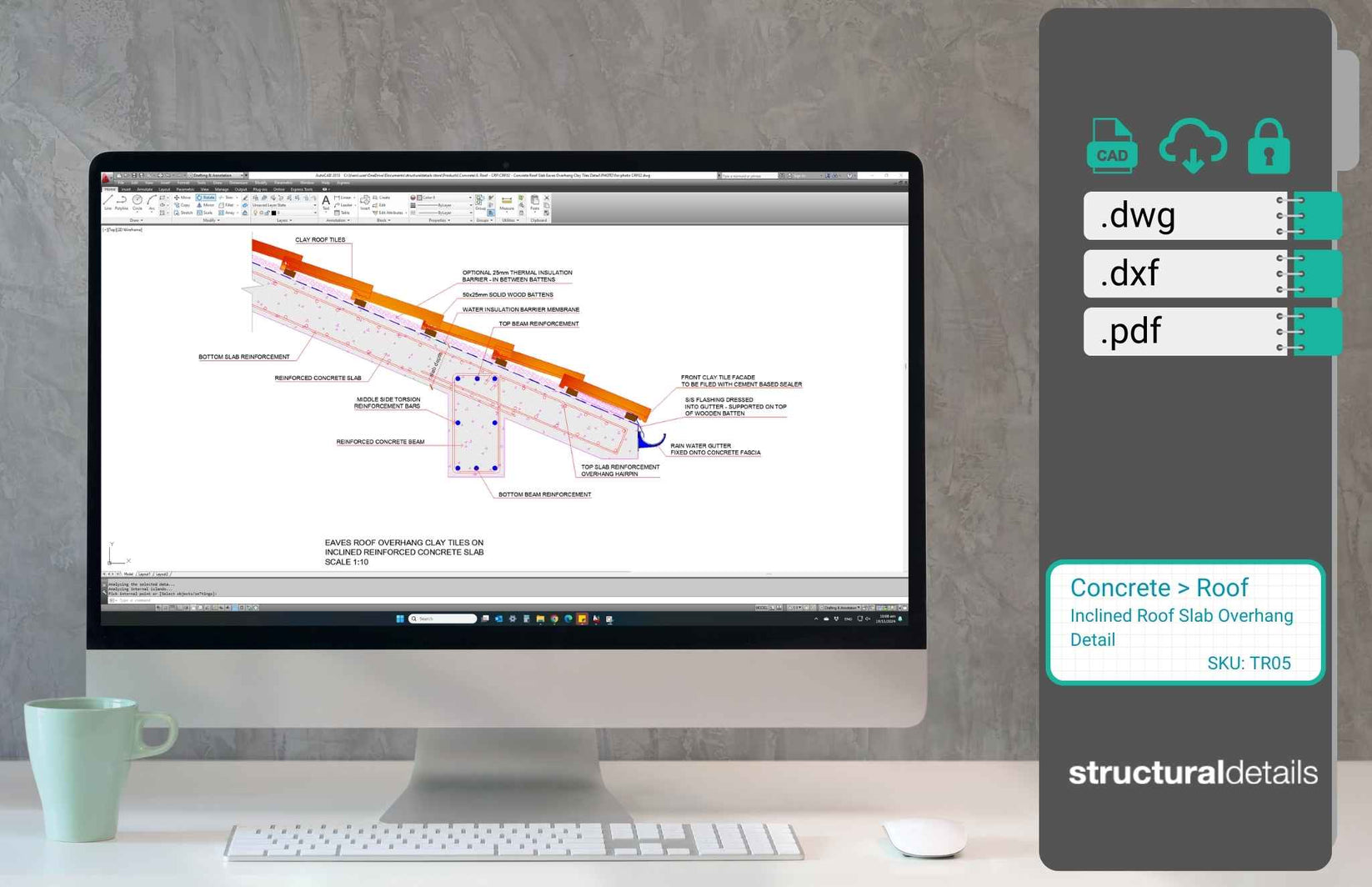Concrete Roof Slab Eaves Overhang Clay Tiles CAD Detail - structuraldetails