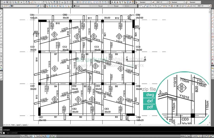 Inclined Pitched Roof Concrete Slab Reinforcement CAD Example ...