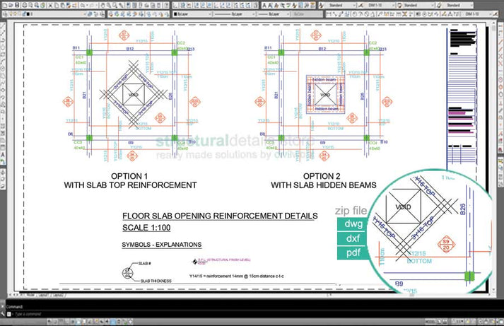 Flat Slab Opening Reinforcement CAD drawing detail - structuraldetails