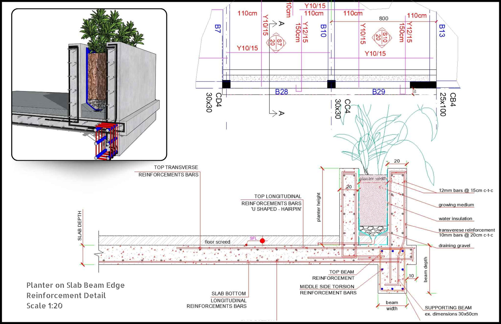 Planter on slab beam edge reinforcement CAD drawing detail ...
