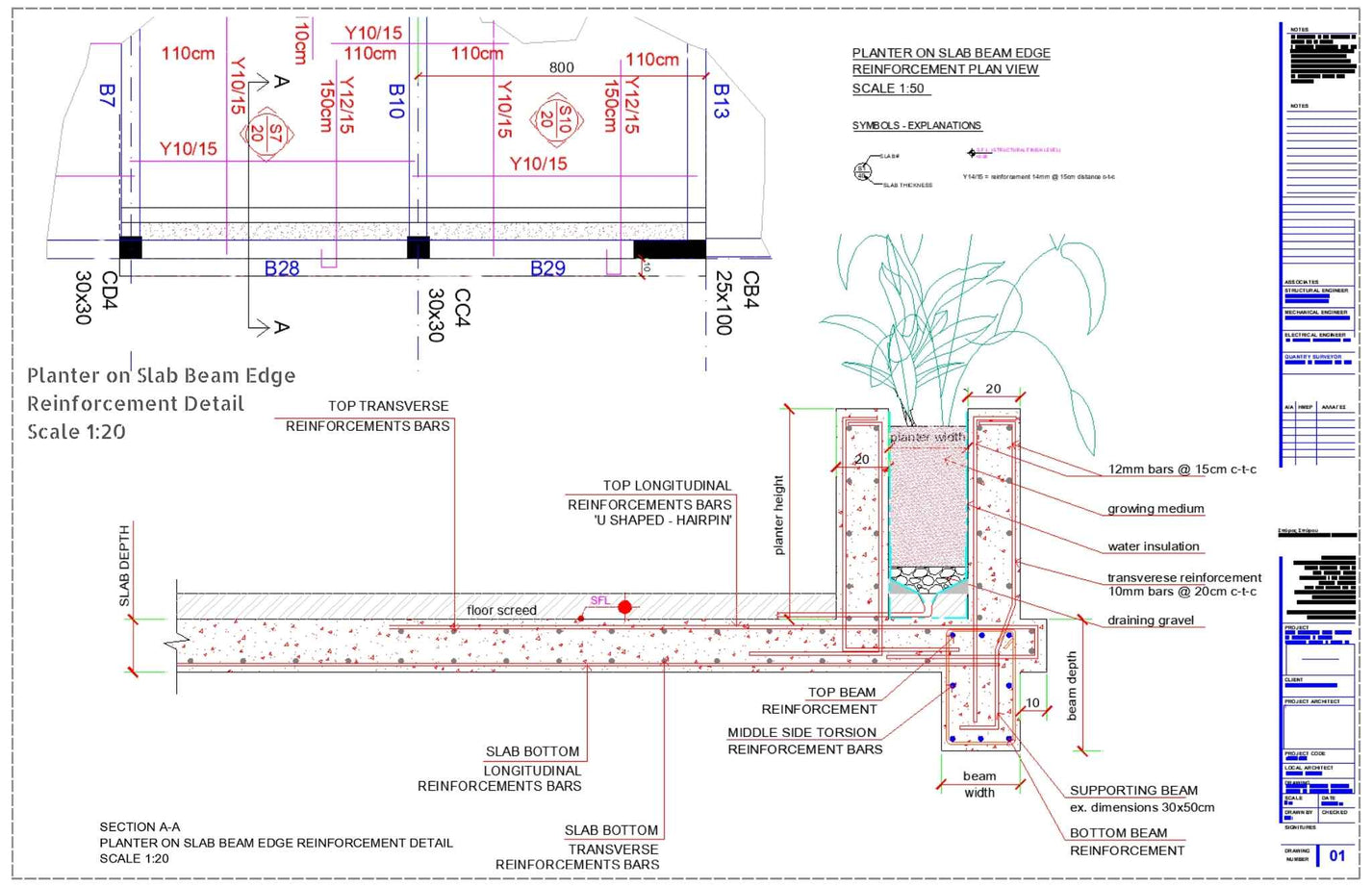 Planter on slab beam edge reinforcement CAD drawing detail ...