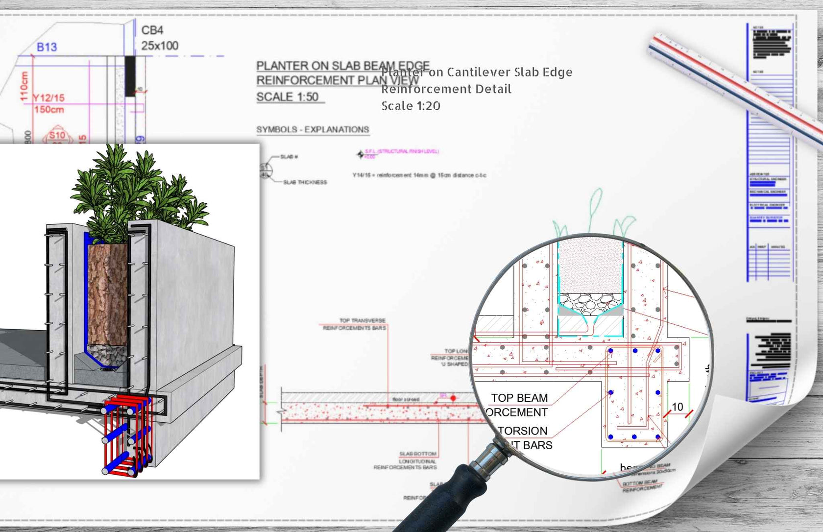 Planter on slab beam edge reinforcement CAD drawing detail ...