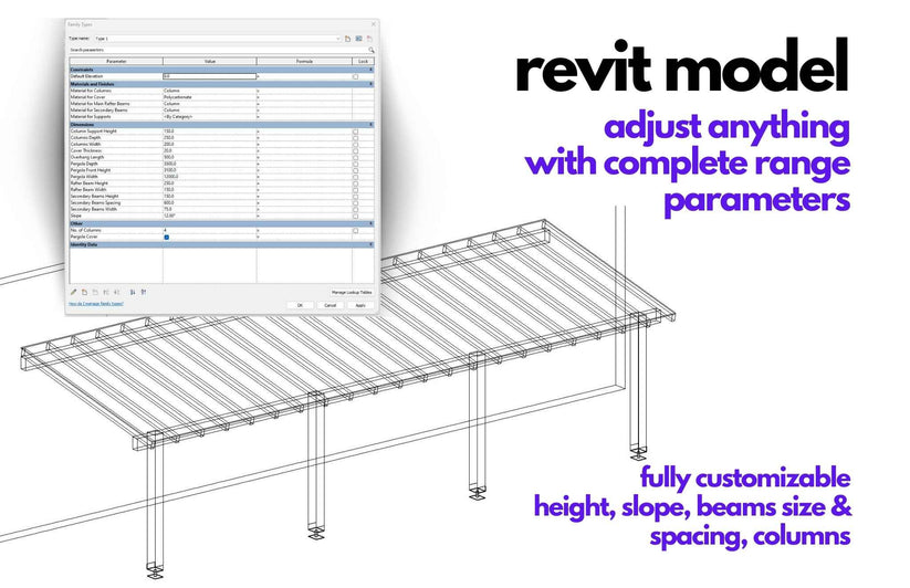 Wall Mounted Parametric Wooden Pergola Revit Family - structuraldetails