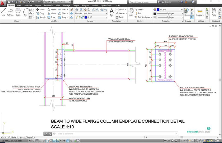 Beam to Wide Flange Column Endplate Connection CAD Detail ...