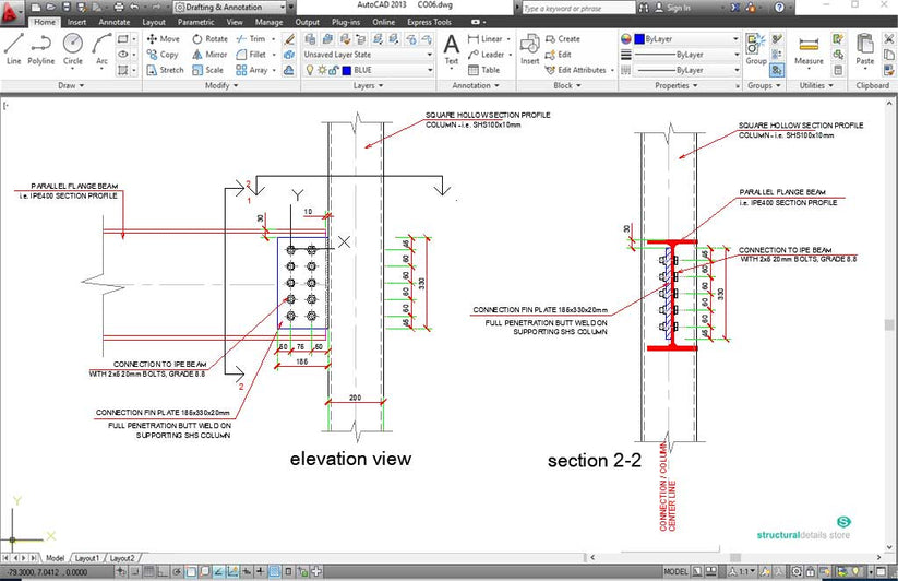 Steel Beam SHS Column Simple Fin Connection CAD Detail - structuraldetails
