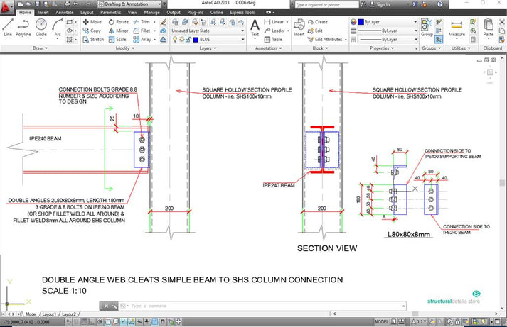 Double Angle Web Cleats Simple Beam to SHS Column Connection CAD Detail ...