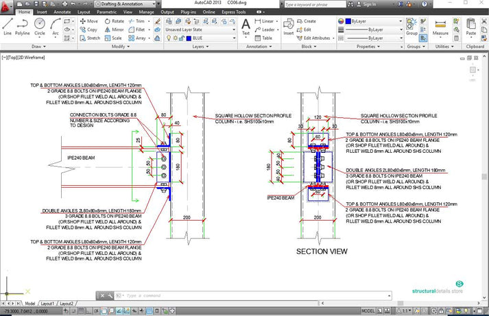 Steel Beam Angles Moment Connection to SHS Column CAD Detail ...