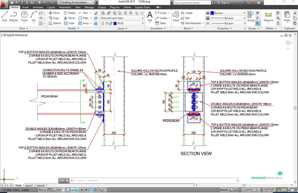 Steel Beam Angles Moment Connection to SHS Column CAD Detail ...