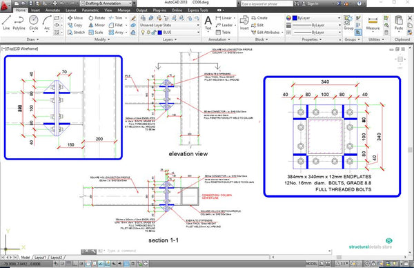SHS Beam Column Endplate Moment Connection CAD Detail - structuraldetails