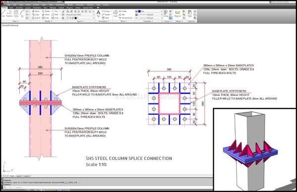 SHS Steel Column Splice Connection CAD Detail Drawing - structuraldetails