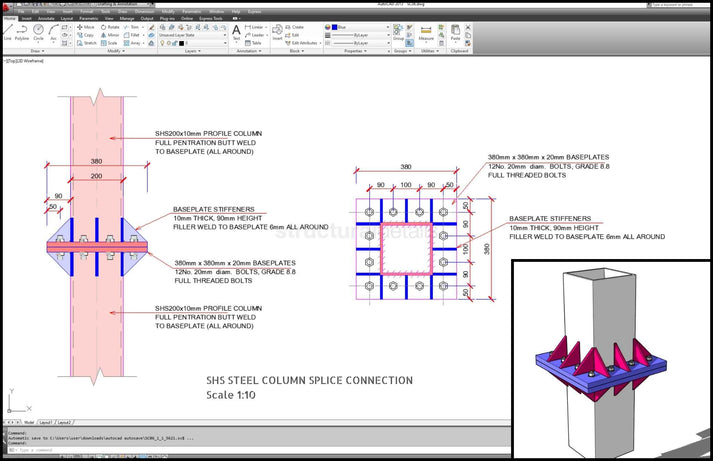 SHS Steel Column Splice Connection CAD Detail Drawing - structuraldetails