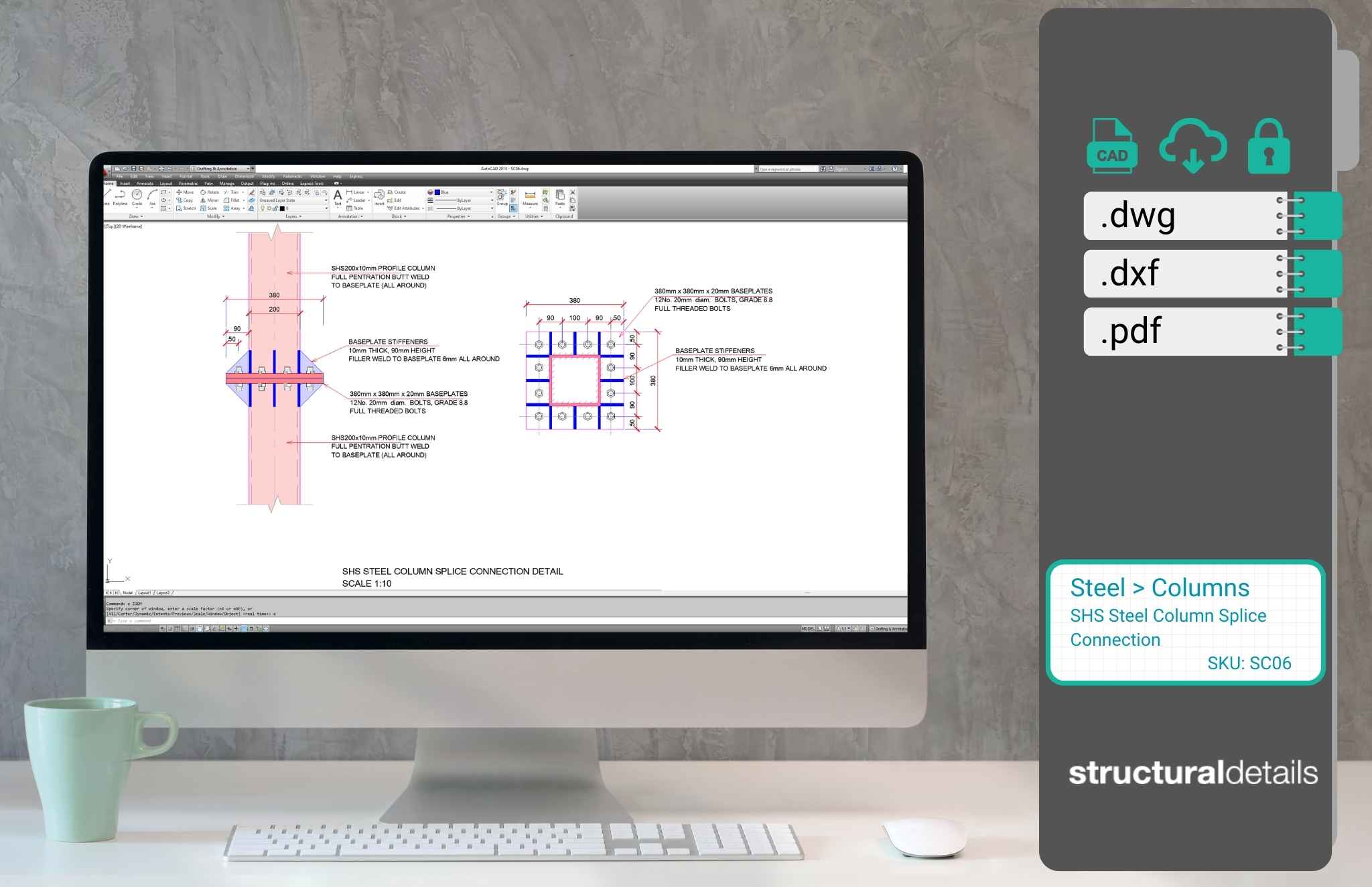 SHS Steel Column Splice Connection CAD Detail Drawing - structuraldetails