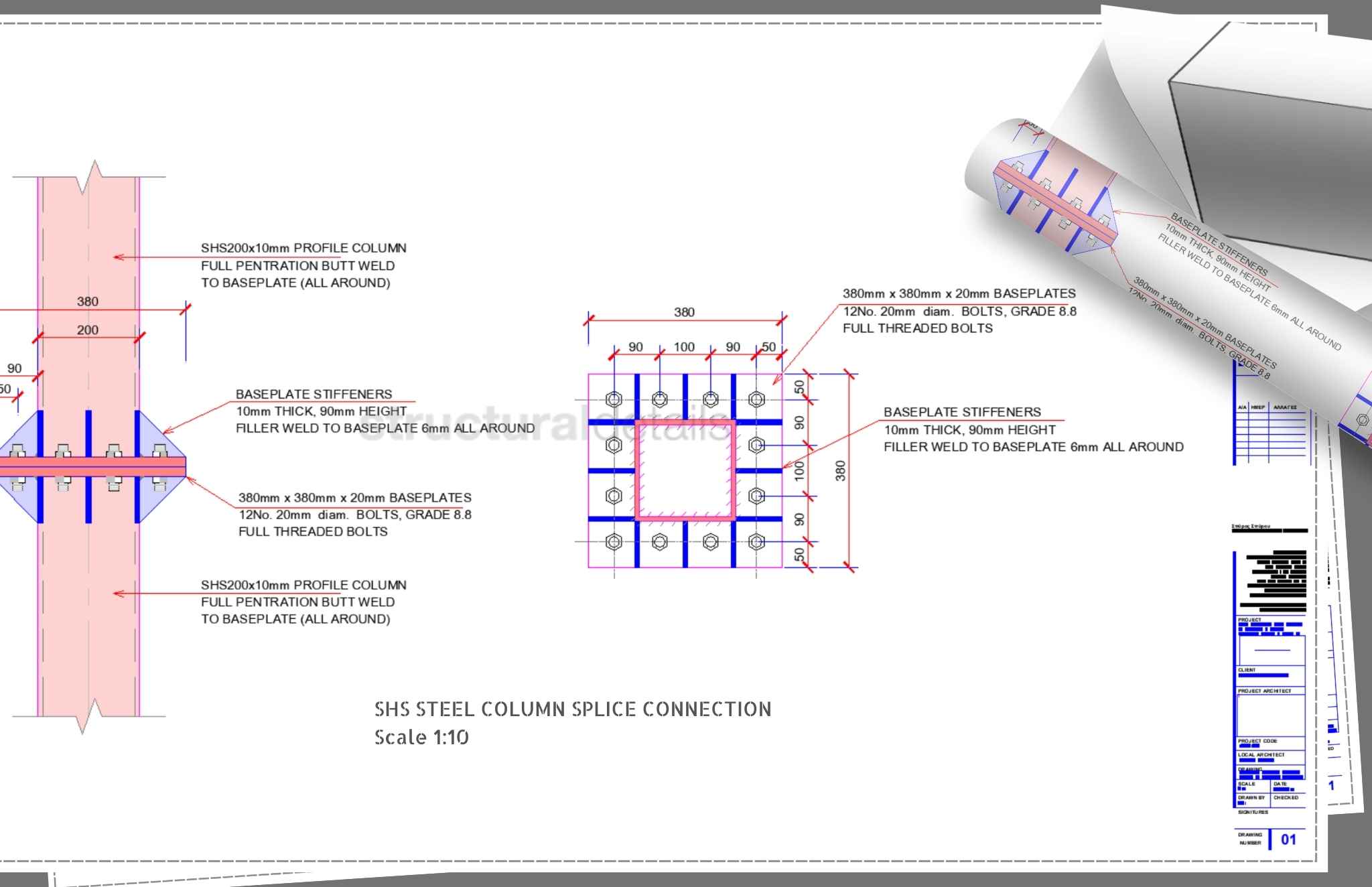 SHS Steel Column Splice Connection CAD Detail Drawing - structuraldetails