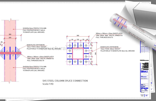 SHS Steel Column Splice Connection CAD Detail Drawing - structuraldetails