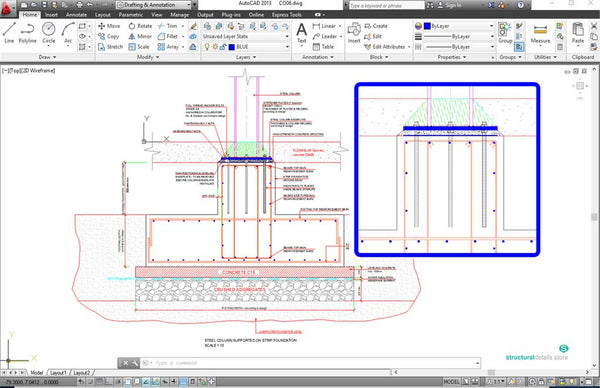 Steel Column Supported on Strip Foundation CAD Detail - structuraldetails