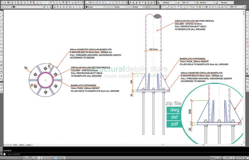 Circular hollow section CHS Column Baseplate CAD Detail - structuraldetails