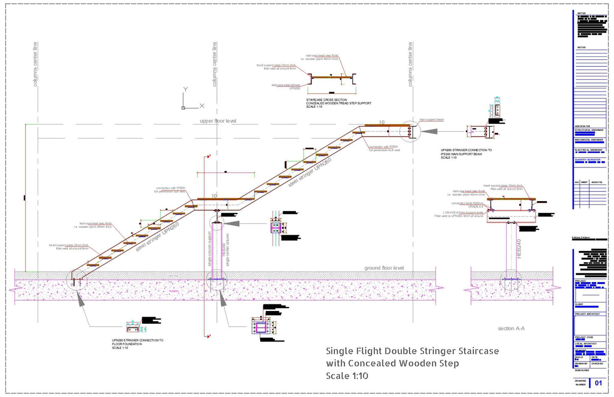 Straight Single Flight Steel Staircase CAD Detail - structuraldetails