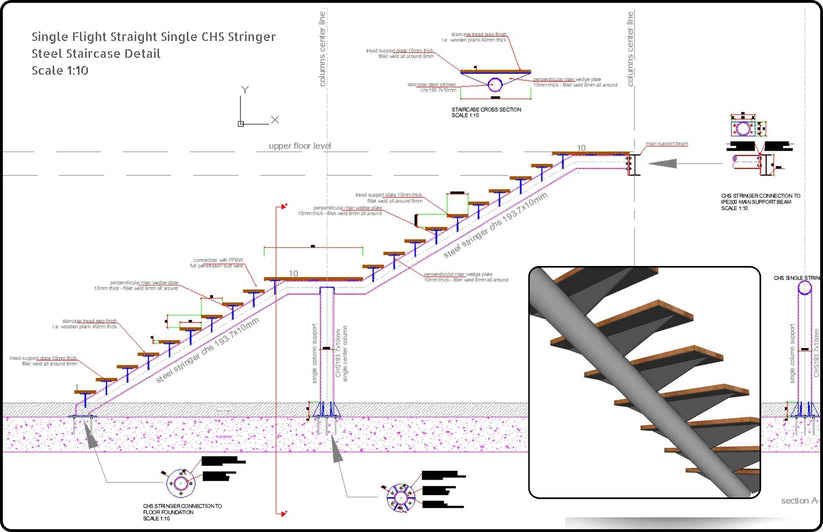 Single CHS Stringer Straight Single Flight Steel Staircase Detail ...