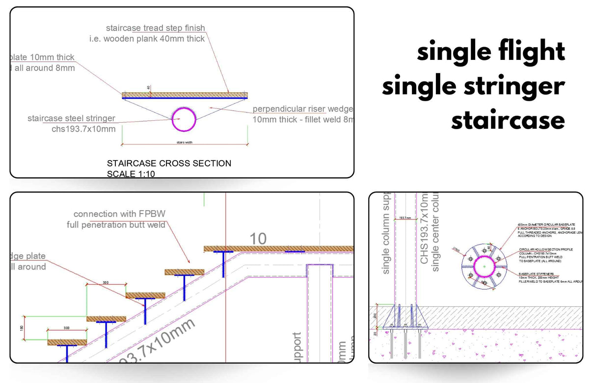 Single CHS Stringer Straight Single Flight Steel Staircase Detail ...