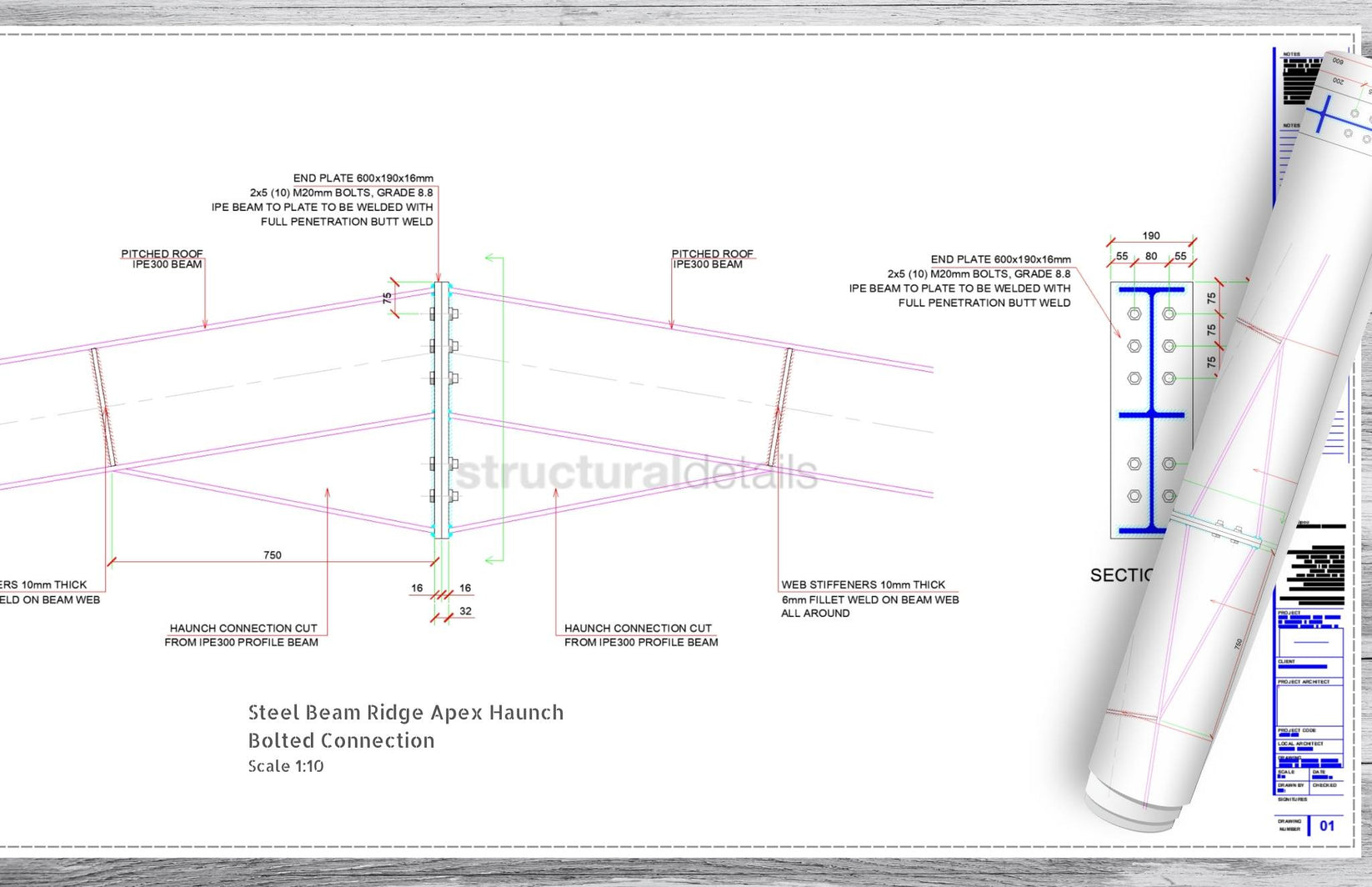 Steel Beam Ridge Apex Haunch Bolted Connection CAD Detail ...