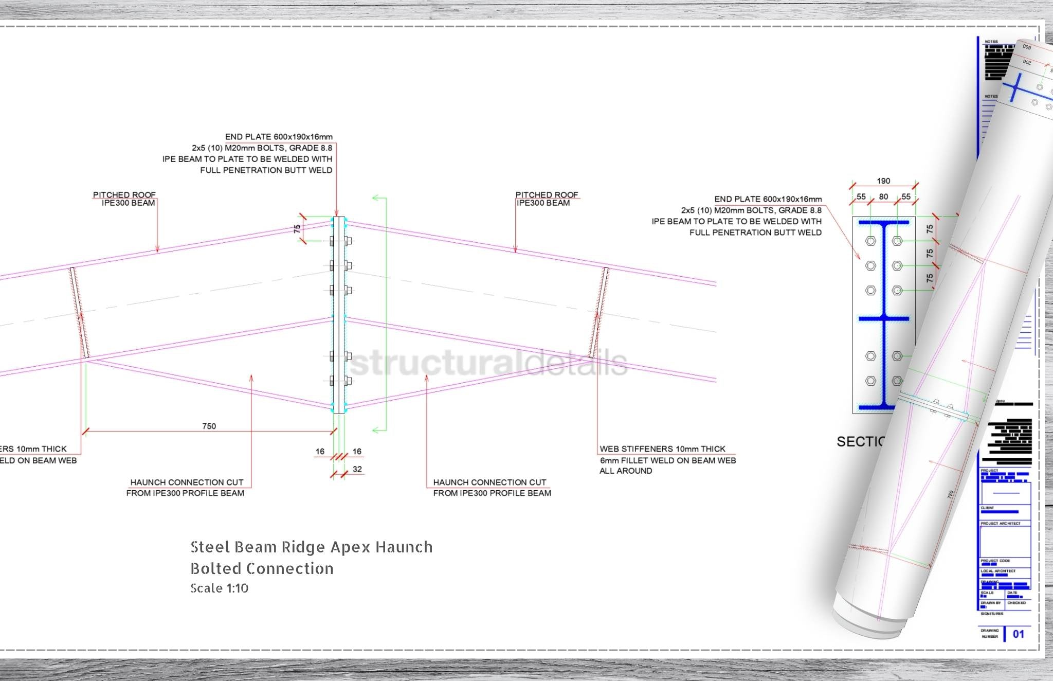 Steel Beam Ridge Apex Haunch Bolted Connection CAD Detail ...