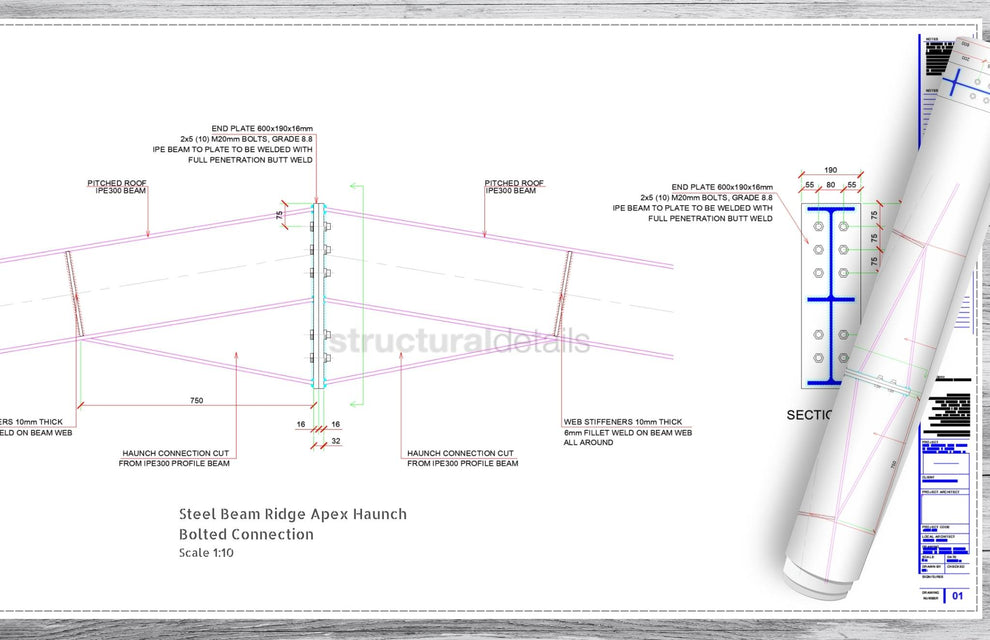 Steel Beam Ridge Apex Haunch Bolted Connection CAD Detail ...