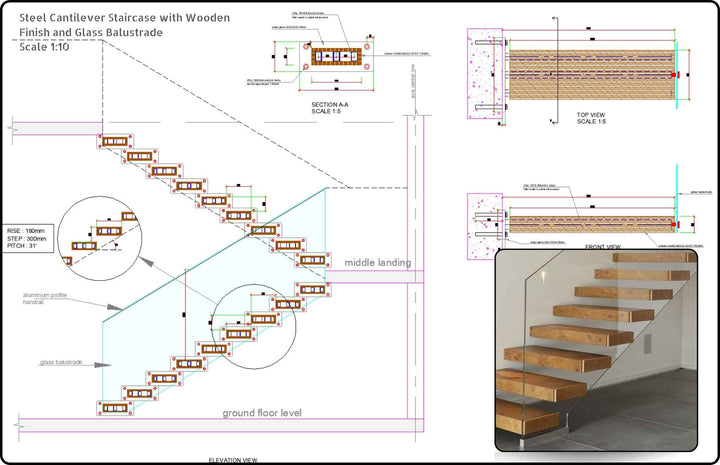 Steel Stairs CAD Detailed Drawings - structuraldetails