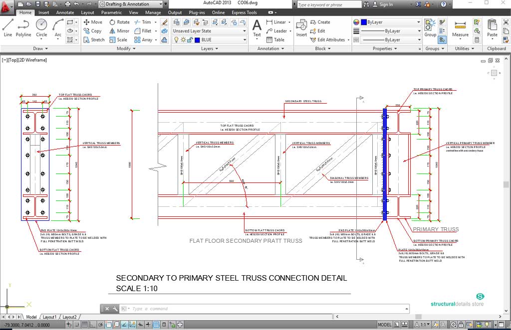 Secondary to Primary Steel Truss Connection CAD Detail – structuraldetails
