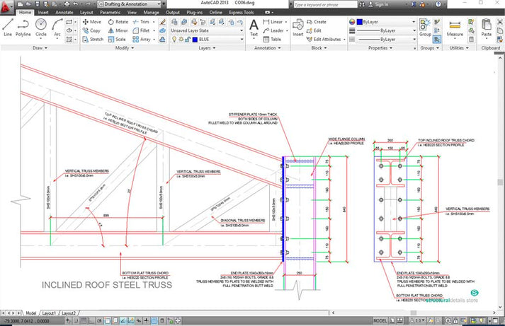 Inclined Roof Steel Truss Connection to HEB Column CAD Detail – structuraldetails