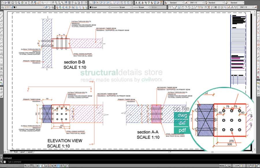 Timber Beam to Beam Connection CAD Detail - structuraldetails