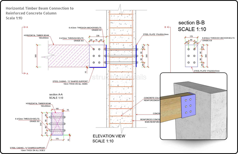 Horizontal Timber Beam Connection to Concrete Column CAD Detail ...