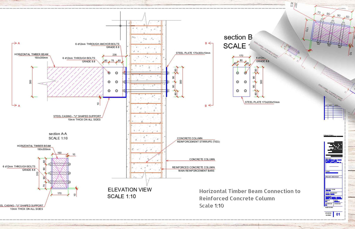Horizontal Timber Beam Connection to Concrete Column CAD Detail ...