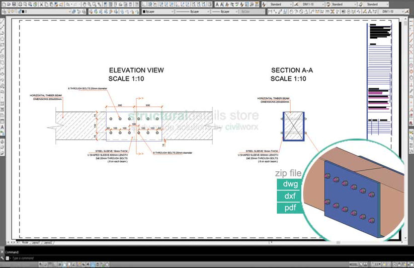 Steel Sleeve Timber Beam Splice Connection CAD Detail - structuraldetails