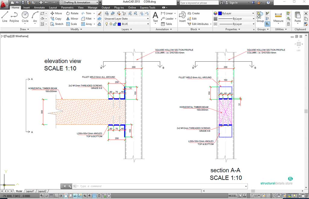 Timber Beam to SHS Steel Column Angle Moment Connection – structuraldetails