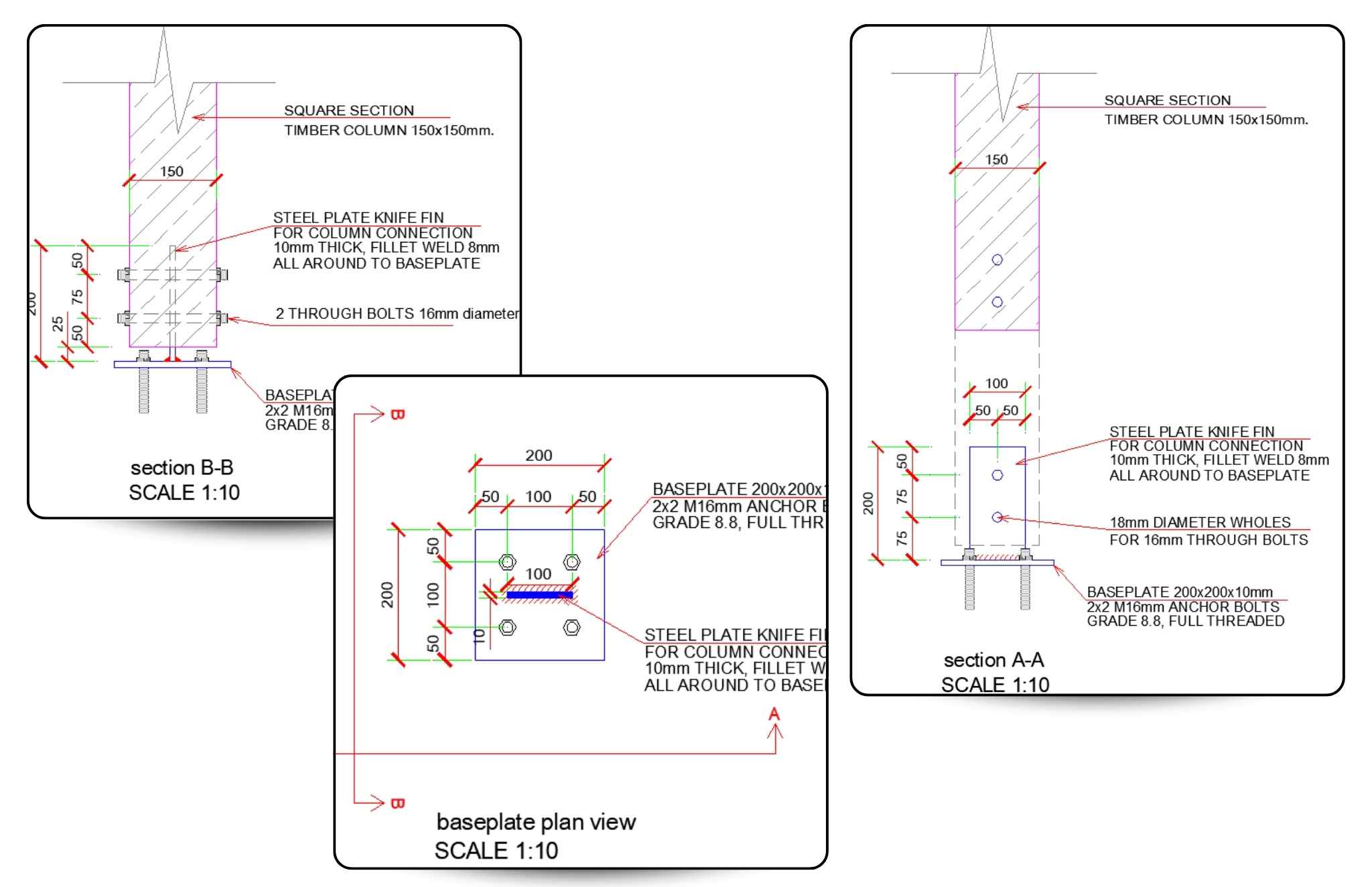 Steel Knife Baseplate Timber Column Support CAD Detail - structuraldetails