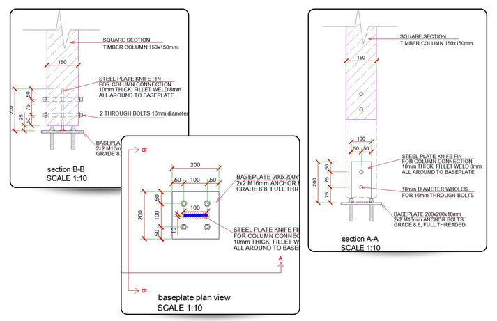 Steel Knife Baseplate Timber Column Support CAD Detail - structuraldetails