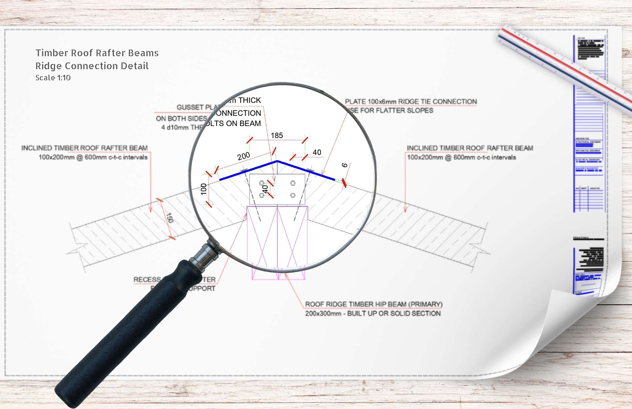 Roof Rafter Beams Ridge Connection CAD Detail - structuraldetails