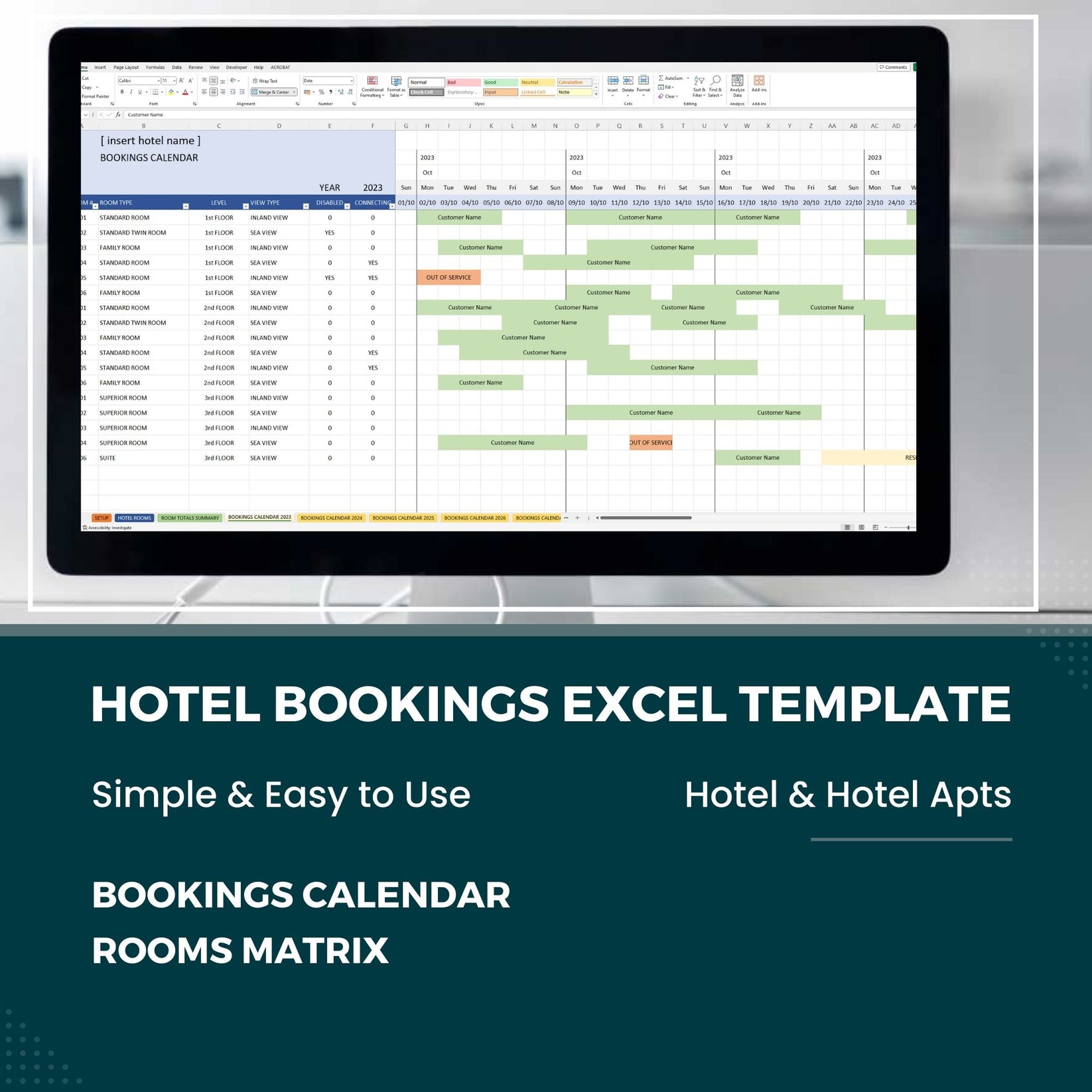 Hotel Rooms Matrix Booking Registry Excel Template - structuraldetails
