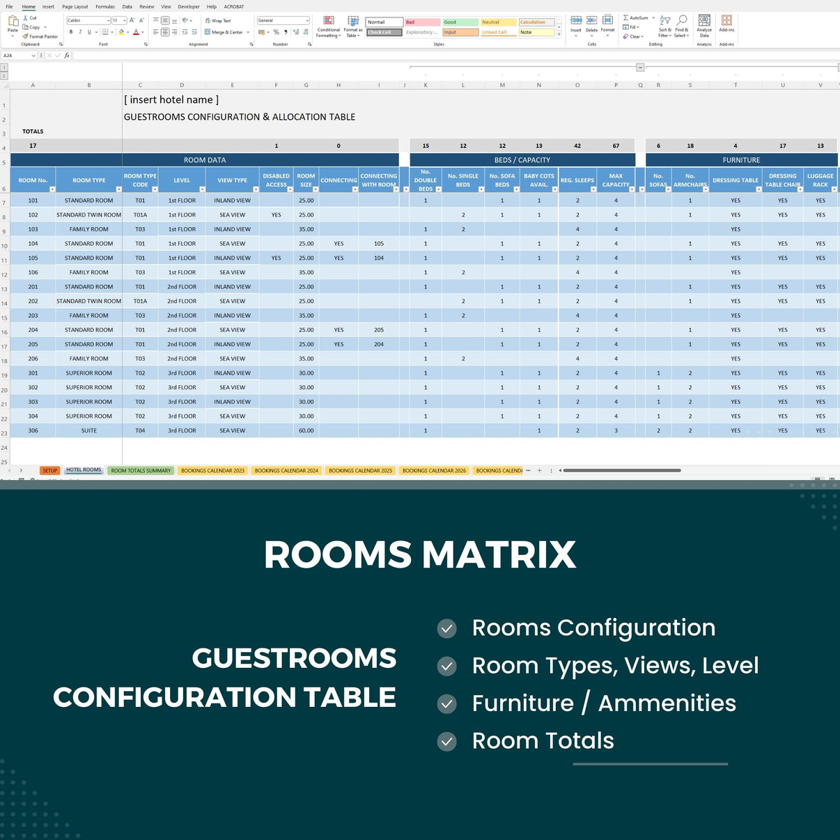 Hotel Rooms Matrix Booking Registry Excel Template - structuraldetails